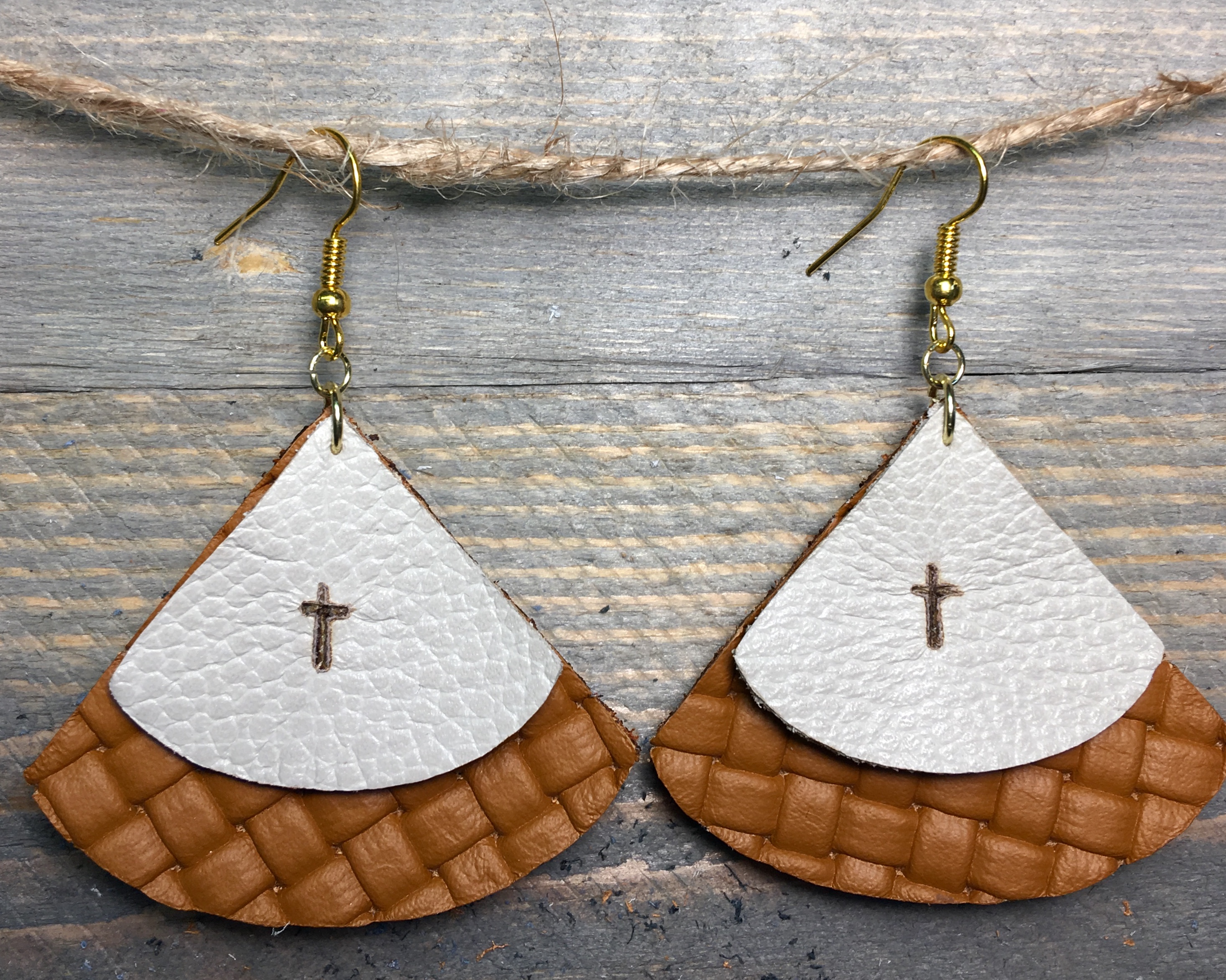 White and Tan Basket-Weave Fan with Cross Accent - Unleashed.Life